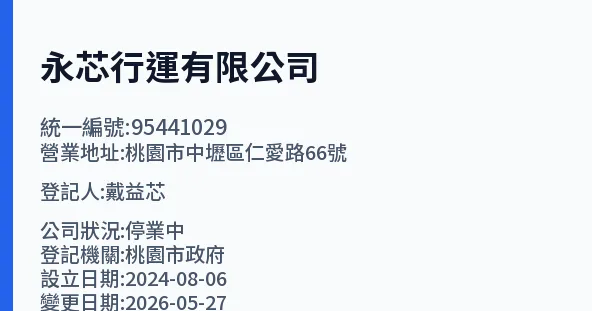永芯行運有限公司的照片-統編 95441029(桃園市) 公司登記資料與營業項目詳細圖表
