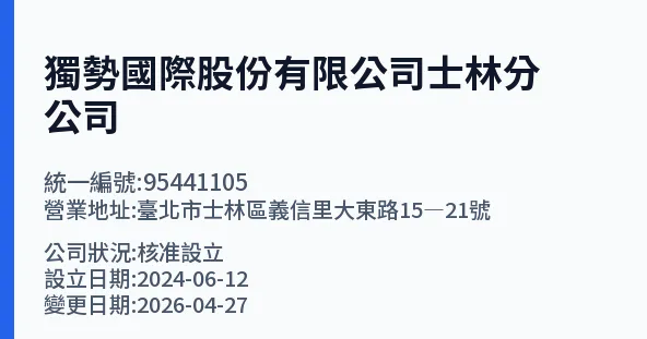 獨勢國際股份有限公司士林分公司的照片-統編 95441105(臺北市) 公司登記資料與營業項目詳細圖表
