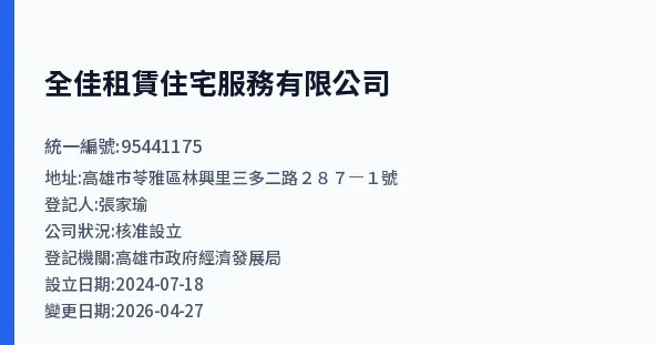 全佳租賃住宅服務有限公司的照片-統編 95441175(高雄市) 公司登記資料與營業項目詳細圖表