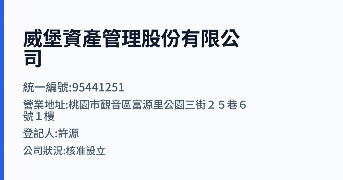 威堡資產管理股份有限公司 - 統編 95441251(桃園市) 公司登記資料與營業項目詳細圖表