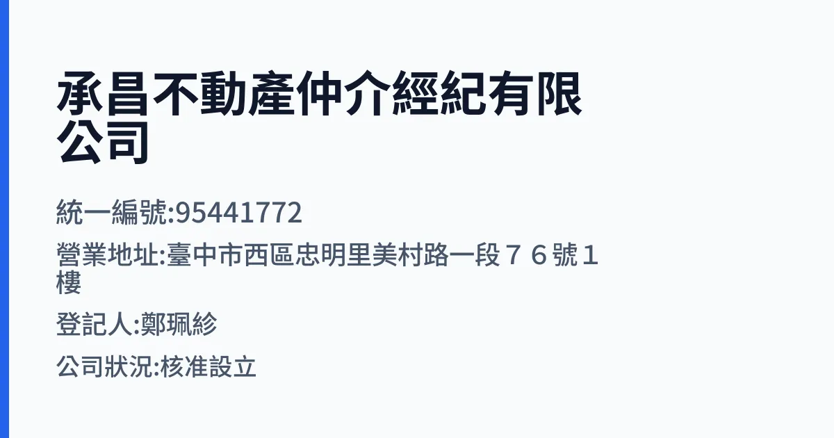 承昌不動產仲介經紀有限公司 - 統編 95441772(臺中市) 公司登記資料與營業項目詳細圖表