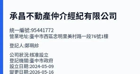 承昌不動產仲介經紀有限公司的照片-統編 95441772(臺中市) 公司登記資料與營業項目詳細圖表