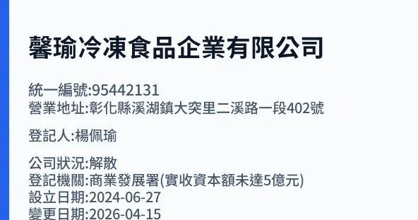 馨瑜冷凍食品企業有限公司的照片-統編 95442131(彰化縣) 公司登記資料與營業項目詳細圖表