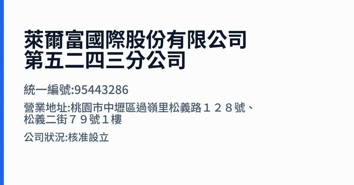 萊爾富國際股份有限公司第五二四三分公司 - 統編 95443286(桃園市) 公司登記資料與營業項目詳細圖表