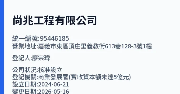 尚兆工程有限公司的照片-統編 95446185(嘉義市) 公司登記資料與營業項目詳細圖表