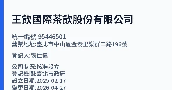 王飲國際茶飲股份有限公司的照片-統編 95446501(臺北市) 公司登記資料與營業項目詳細圖表