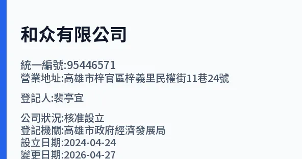 和众有限公司的照片-統編 95446571(高雄市) 公司登記資料與營業項目詳細圖表