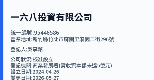 一六八投資有限公司的照片-統編 95446586(新竹縣) 公司登記資料與營業項目詳細圖表