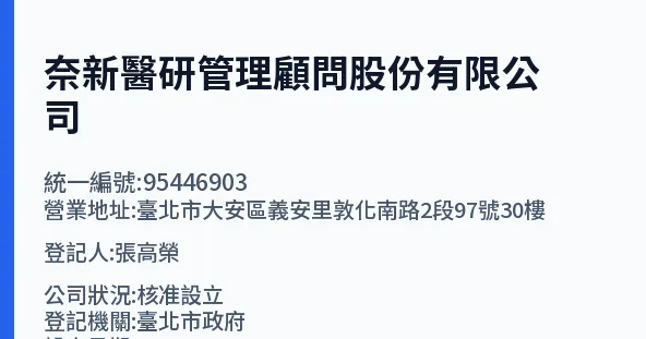 奈新醫研管理顧問股份有限公司的照片-統編 95446903(臺北市) 公司登記資料與營業項目詳細圖表