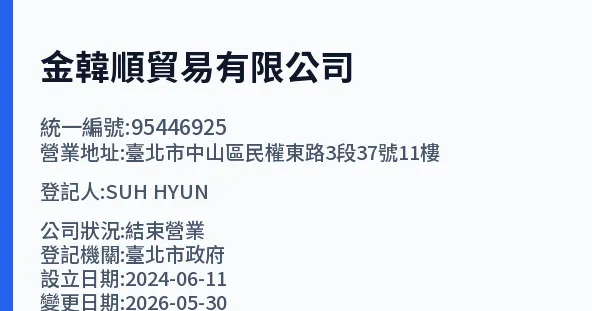金韓順貿易有限公司的照片-統編 95446925(臺北市) 公司登記資料與營業項目詳細圖表