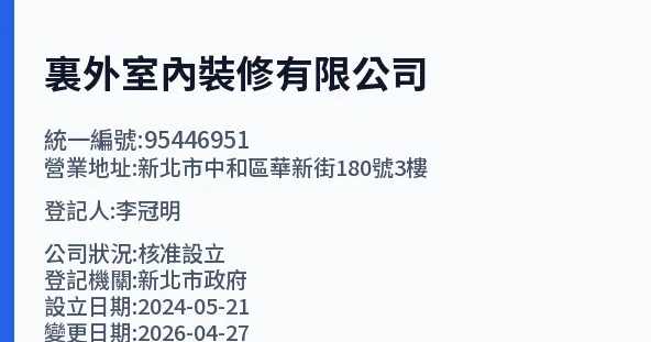 裏外室內裝修有限公司的照片-統編 95446951(新北市) 公司登記資料與營業項目詳細圖表