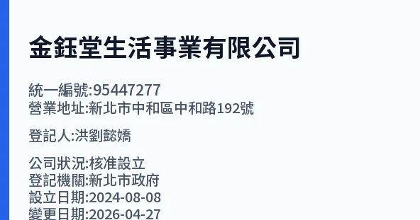 金鈺堂生活事業有限公司的照片-統編 95447277(新北市) 公司登記資料與營業項目詳細圖表