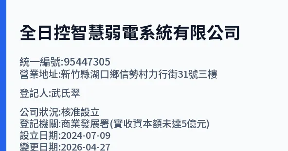 全日控智慧弱電系統有限公司的照片-統編 95447305(新竹縣) 公司登記資料與營業項目詳細圖表