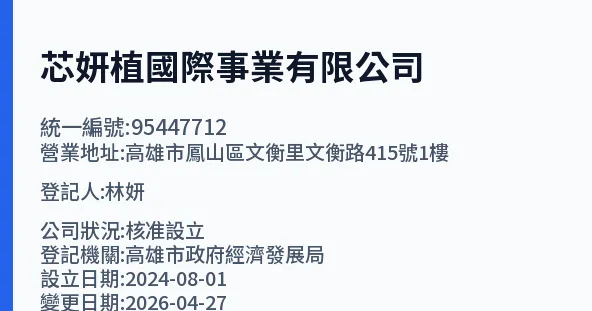 芯妍植國際事業有限公司的照片-統編 95447712(高雄市) 公司登記資料與營業項目詳細圖表