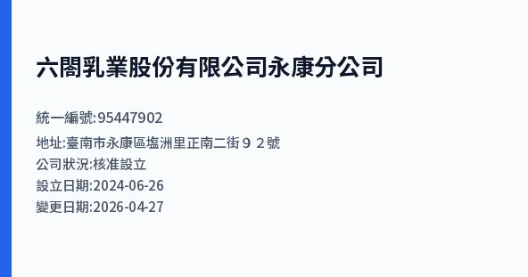 六閤乳業股份有限公司永康分公司的照片-統編 95447902(臺南市) 公司登記資料與營業項目詳細圖表