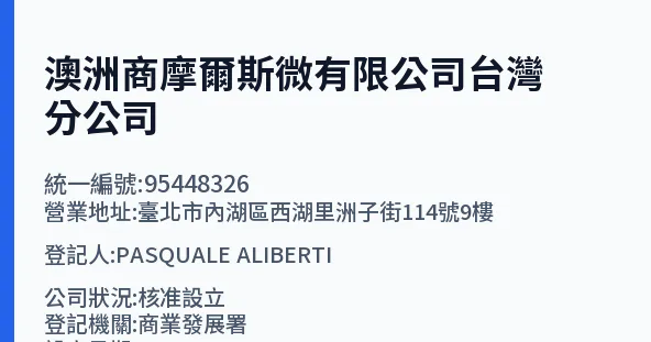 澳洲商摩爾斯微有限公司台灣分公司的照片-統編 95448326(臺北市) 公司登記資料與營業項目詳細圖表