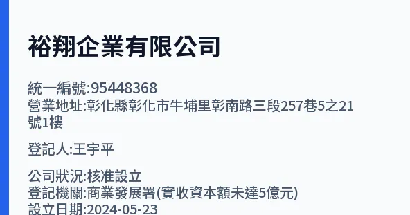 裕翔企業有限公司的照片-統編 95448368(彰化縣) 公司登記資料與營業項目詳細圖表