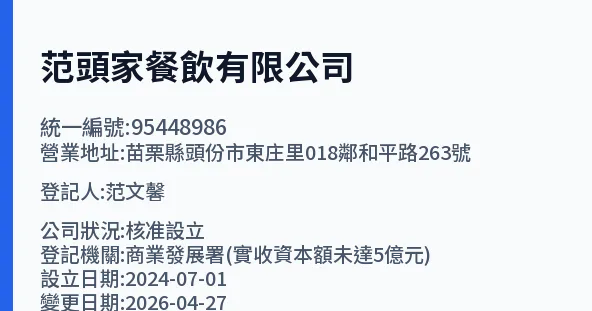 范頭家餐飲有限公司的照片-統編 95448986(苗栗縣) 公司登記資料與營業項目詳細圖表