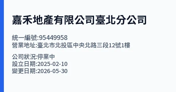 嘉禾地產有限公司臺北分公司的照片-統編 95449958(臺北市) 公司登記資料與營業項目詳細圖表