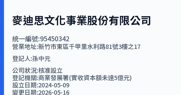 麥迪思文化事業股份有限公司的照片-統編 95450342(新竹市) 公司登記資料與營業項目詳細圖表