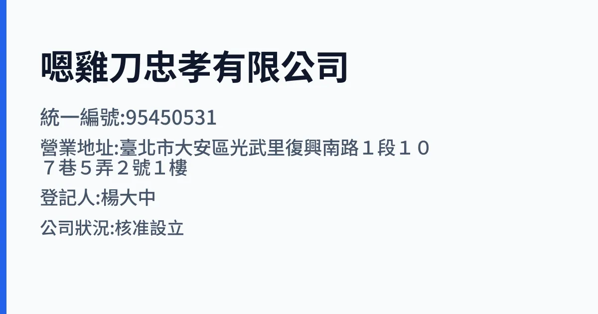 嗯雞刀忠孝有限公司 - 統編 95450531(臺北市) 公司登記資料與營業項目詳細圖表