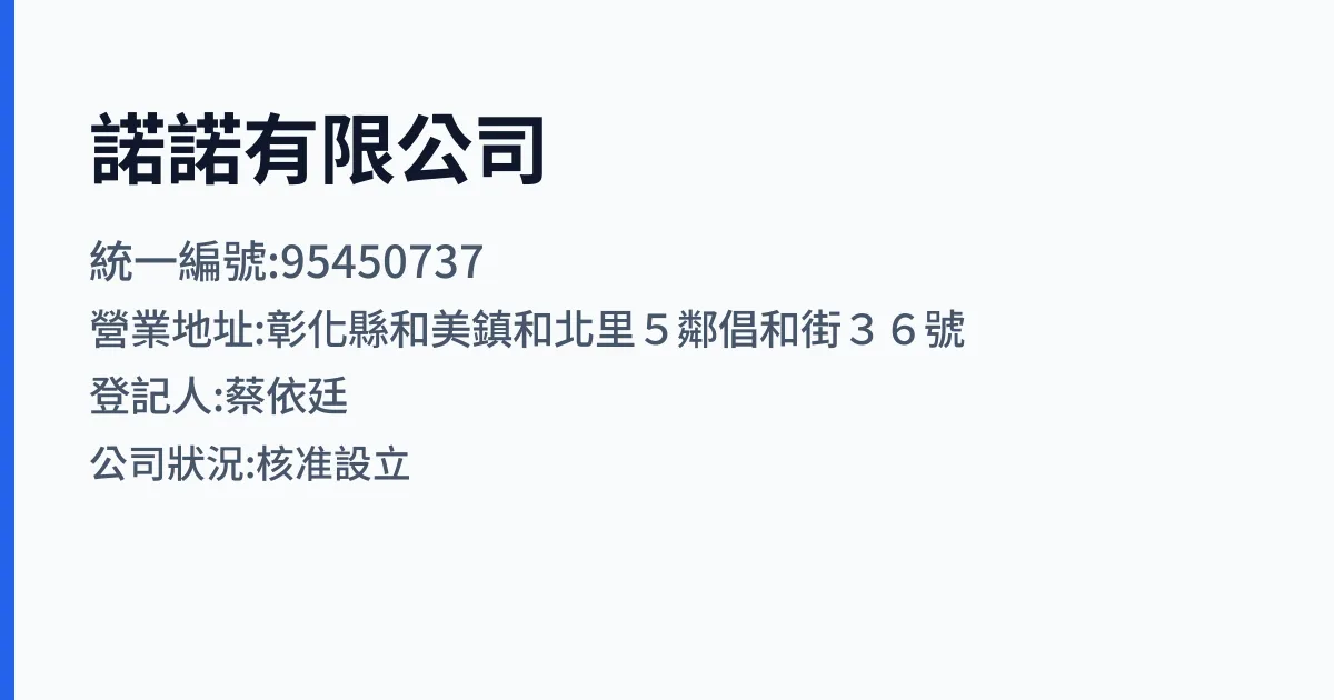 諾諾有限公司 - 統編 95450737(彰化縣) 公司登記資料與營業項目詳細圖表