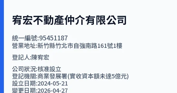 宥宏不動產仲介有限公司的照片-統編 95451187(新竹縣) 公司登記資料與營業項目詳細圖表