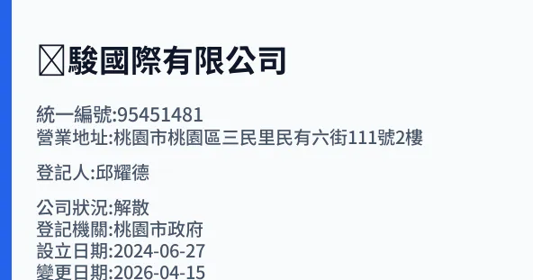 杦駿國際有限公司的照片-統編 95451481(桃園市) 公司登記資料與營業項目詳細圖表