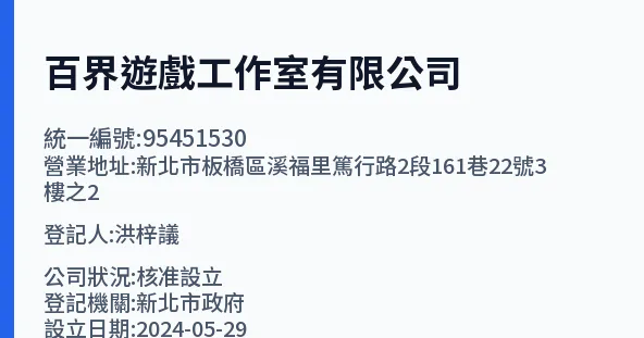 百界遊戲工作室有限公司的照片-統編 95451530(新北市) 公司登記資料與營業項目詳細圖表