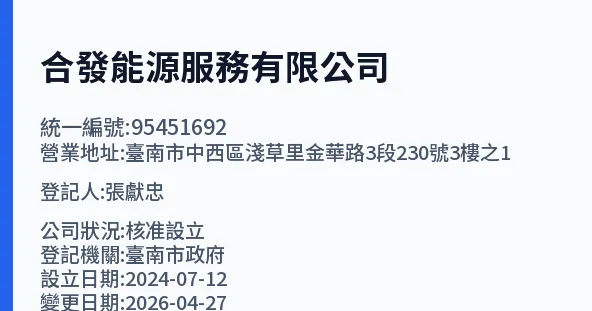 合發能源服務有限公司的照片-統編 95451692(臺南市) 公司登記資料與營業項目詳細圖表