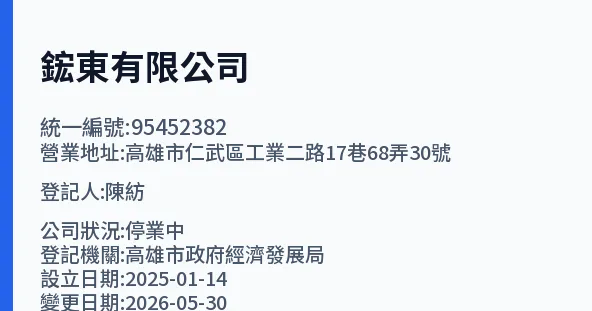 鋐東有限公司的照片-統編 95452382(高雄市) 公司登記資料與營業項目詳細圖表