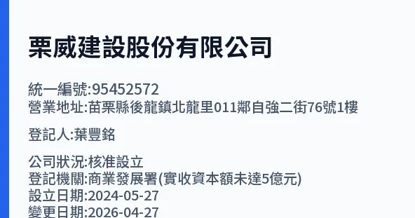 栗威建設股份有限公司的照片-統編 95452572(苗栗縣) 公司登記資料與營業項目詳細圖表