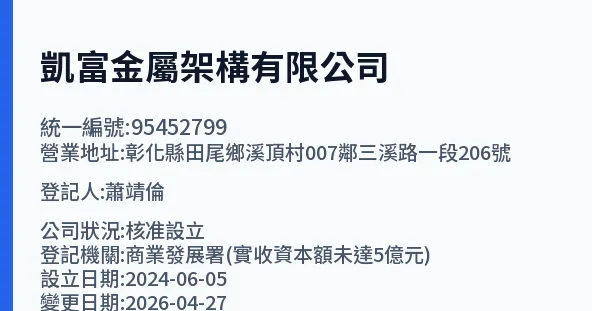 凱富金屬架構有限公司的照片-統編 95452799(彰化縣) 公司登記資料與營業項目詳細圖表