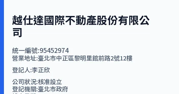 越仕達國際不動產股份有限公司的照片-統編 95452974(臺北市) 公司登記資料與營業項目詳細圖表