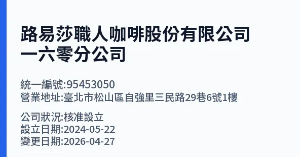 路易莎職人咖啡股份有限公司一六零分公司的照片-統編 95453050(臺北市) 公司登記資料與營業項目詳細圖表