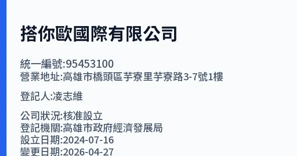 搭你歐國際有限公司的照片-統編 95453100(高雄市) 公司登記資料與營業項目詳細圖表