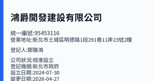 鴻爵開發建設有限公司的照片-統編 95453116(新北市) 公司登記資料與營業項目詳細圖表
