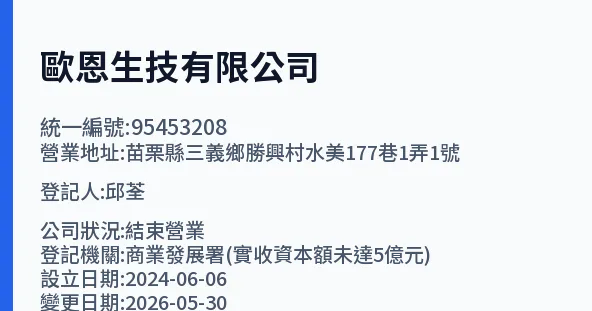 歐恩生技有限公司的照片-統編 95453208(苗栗縣) 公司登記資料與營業項目詳細圖表
