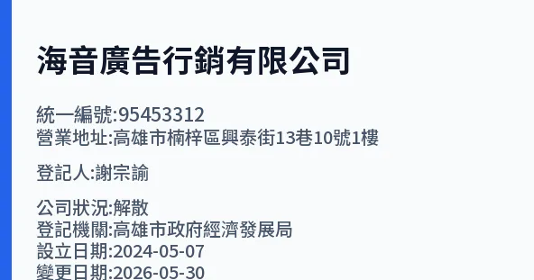 海音廣告行銷有限公司的照片-統編 95453312(高雄市) 公司登記資料與營業項目詳細圖表
