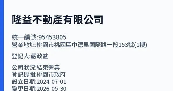 隆益不動產有限公司的照片-統編 95453805(桃園市) 公司登記資料與營業項目詳細圖表