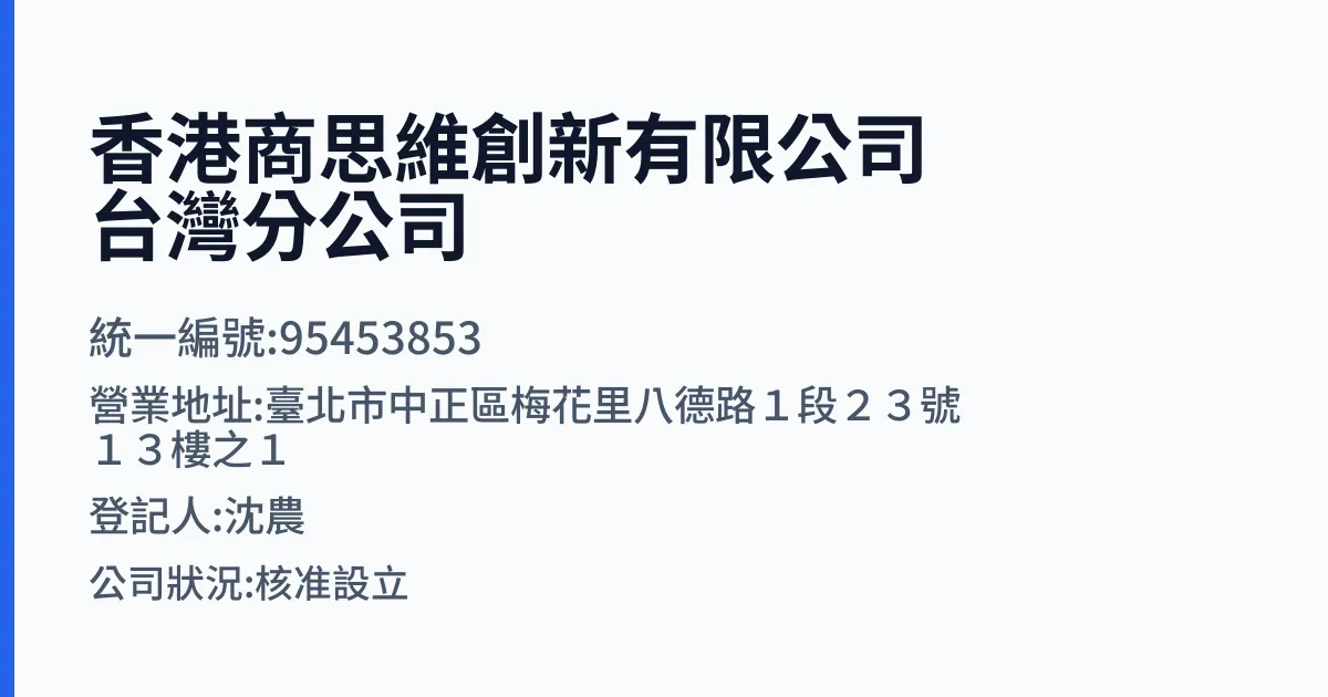 香港商思維創新有限公司台灣分公司 - 統編 95453853(臺北市) 公司登記資料與營業項目詳細圖表