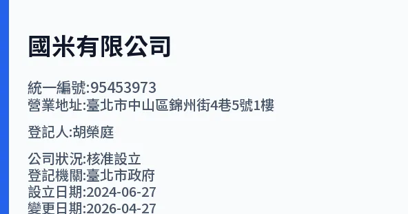 國米有限公司的照片-統編 95453973(臺北市) 公司登記資料與營業項目詳細圖表