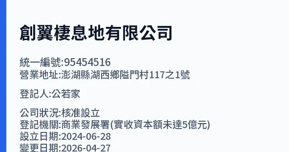 創翼棲息地有限公司的照片-統編 95454516(澎湖縣) 公司登記資料與營業項目詳細圖表
