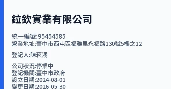 鉝欽實業有限公司的照片-統編 95454585(臺中市) 公司登記資料與營業項目詳細圖表