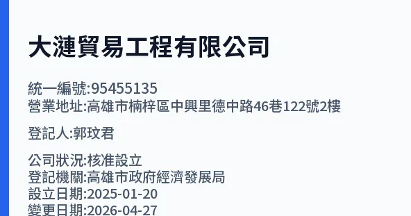 大漣貿易工程有限公司的照片-統編 95455135(高雄市) 公司登記資料與營業項目詳細圖表