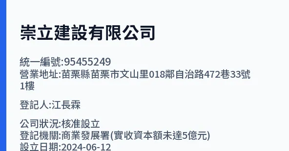 崇立建設有限公司的照片-統編 95455249(苗栗縣) 公司登記資料與營業項目詳細圖表