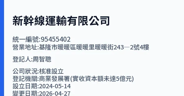 新幹線運輸有限公司的照片-統編 95455402(基隆市) 公司登記資料與營業項目詳細圖表