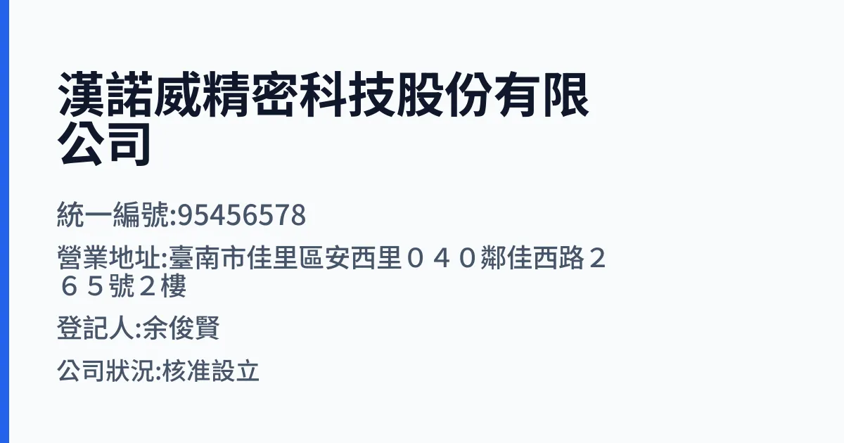 漢諾威精密科技股份有限公司 - 統編 95456578(臺南市) 公司登記資料與營業項目詳細圖表