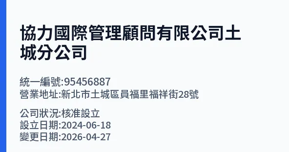 協力國際管理顧問有限公司土城分公司的照片-統編 95456887(新北市) 公司登記資料與營業項目詳細圖表