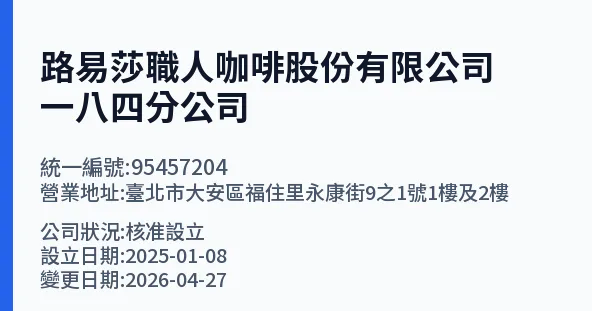 路易莎職人咖啡股份有限公司一八四分公司的照片-統編 95457204(臺北市) 公司登記資料與營業項目詳細圖表